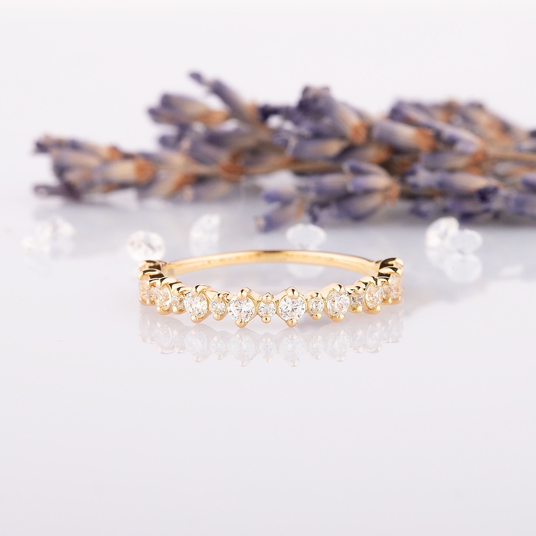 Dainty Minimalist 14k Gold Cz Wedding Band, Tiny Half Eternity Women ...