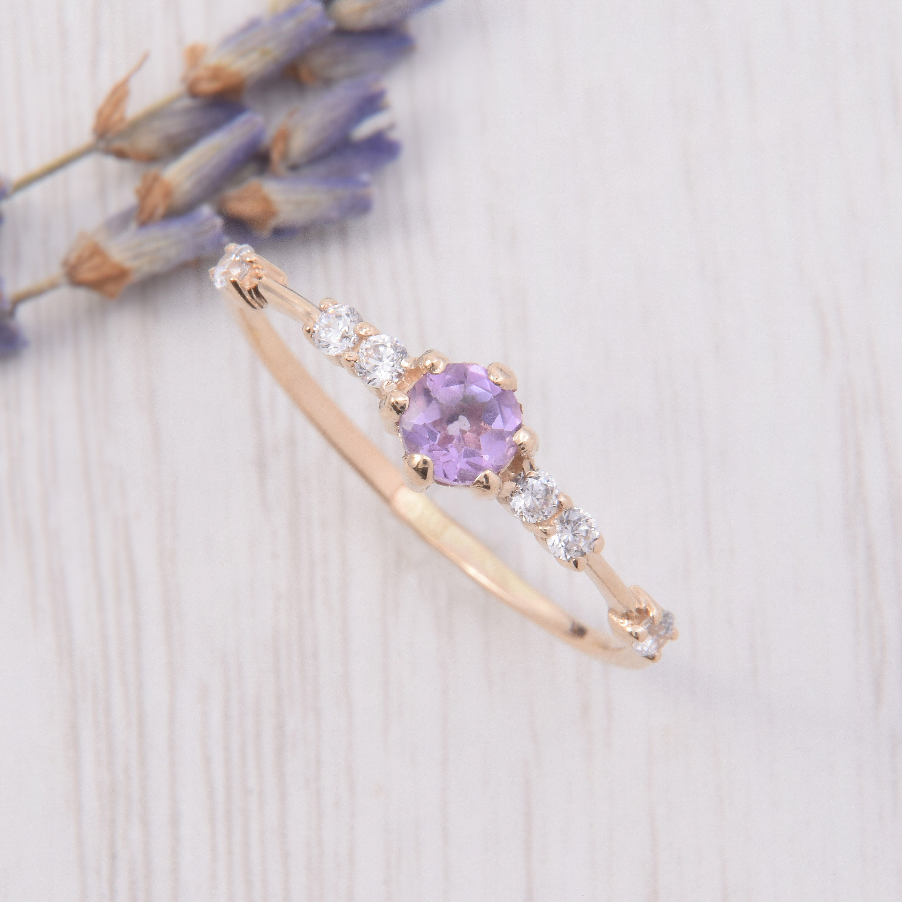 14k solid rose gold dainty & elegant amethyst promise ring for | Etsy