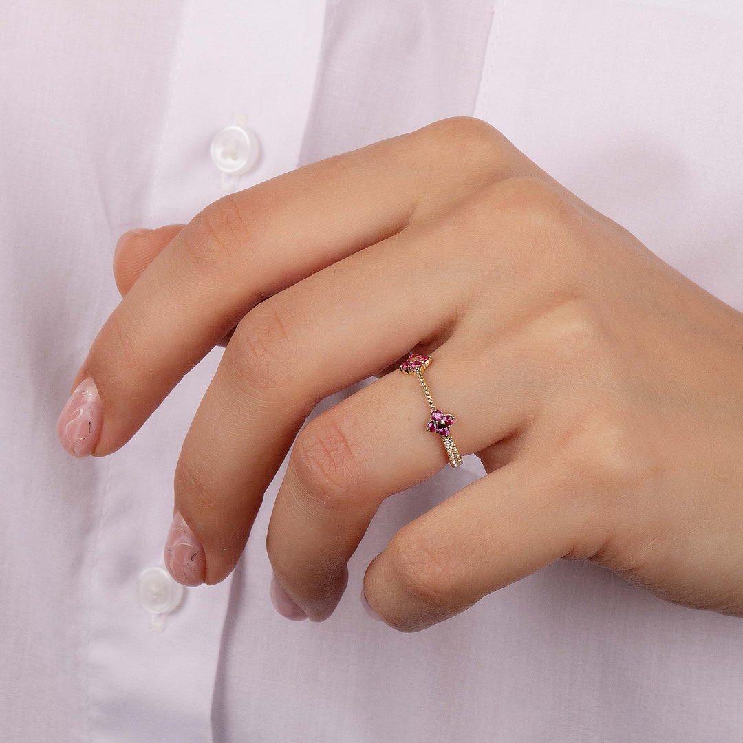 Unique Minimalist Flower Ruby Wedding Band, Women 14k Gold Natural Ruby ...