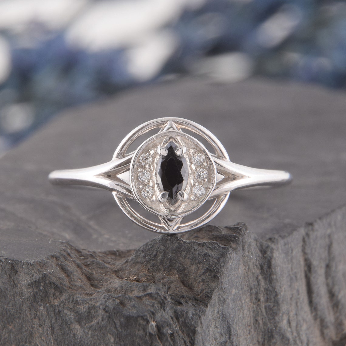 Black Stone Ring Sterling Silver Womens Art Deco Ring | Etsy