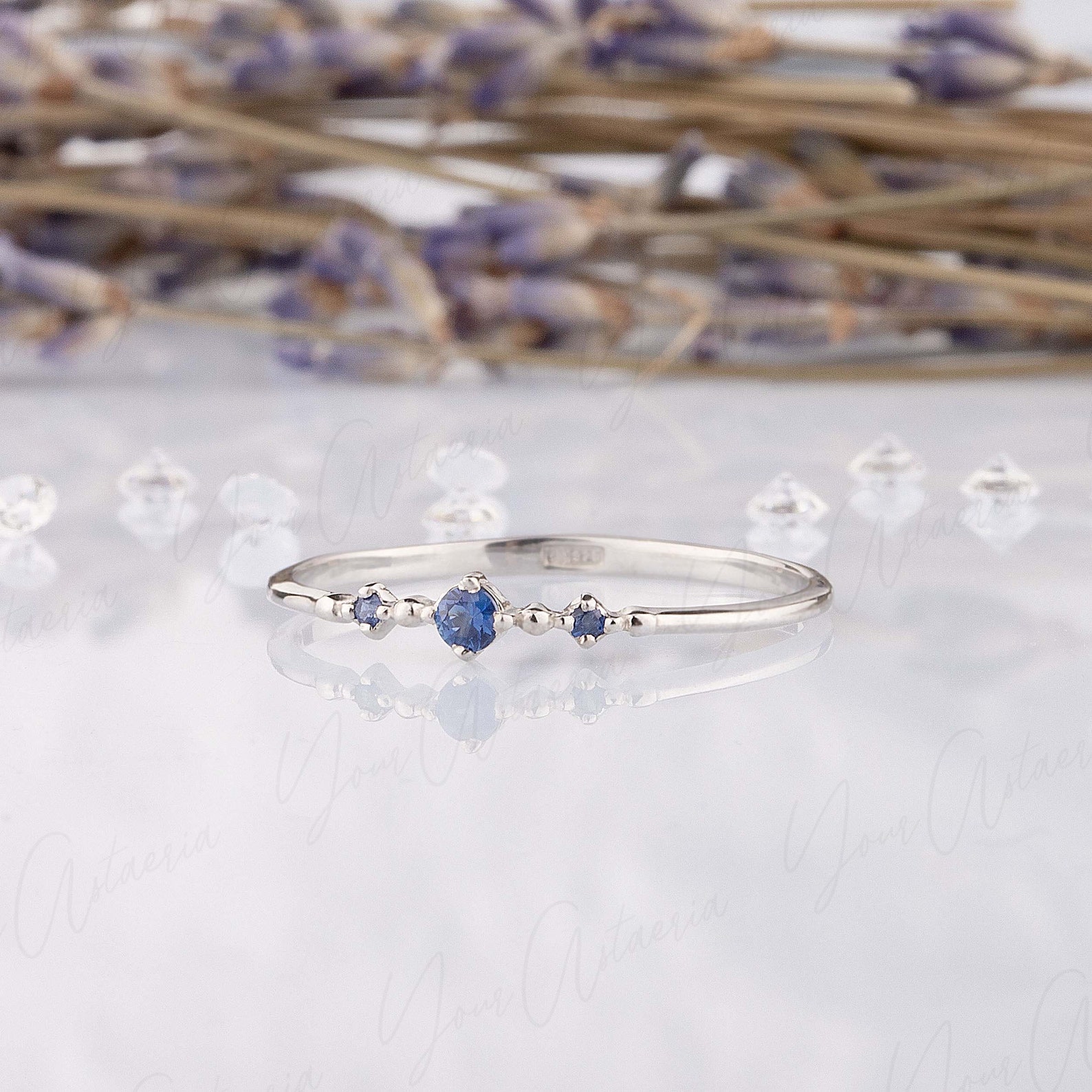 Dainty Minimalist 3 Stone Blue Sapphire Engagement Ring, Thin & Tiny ...