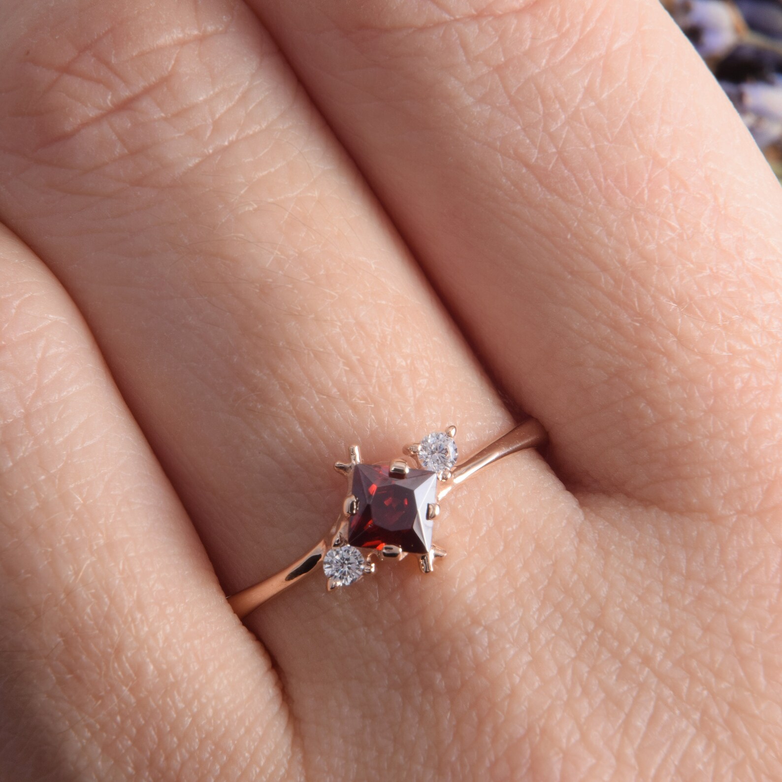 Garnet Ring, Princess Cut Ring, Promise Ring, Art Deco Ring, Red Stone ...