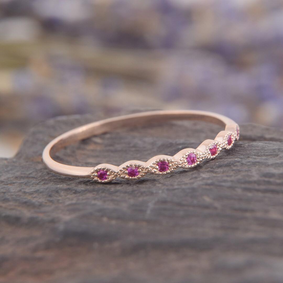 14k Rose Gold Small & Dainty Half Eternity Ruby Wedding Band, Vintage ...