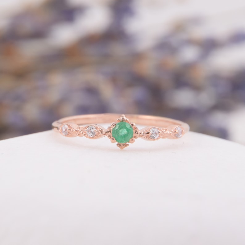 Small Minimalist Emerald Engagement Ring, Antique Dainty 14k Solid ...