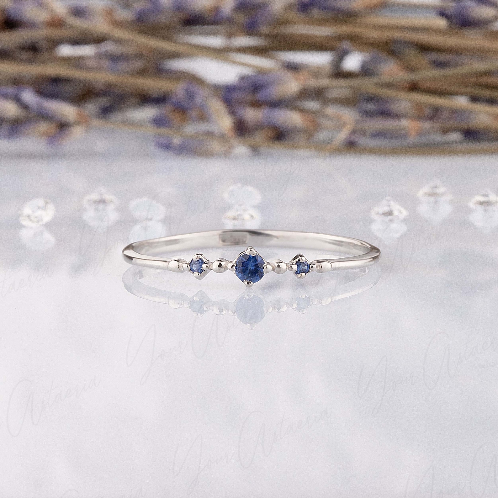 Dainty Minimalist 3 Stone Blue Sapphire Engagement Ring, Thin & Tiny ...