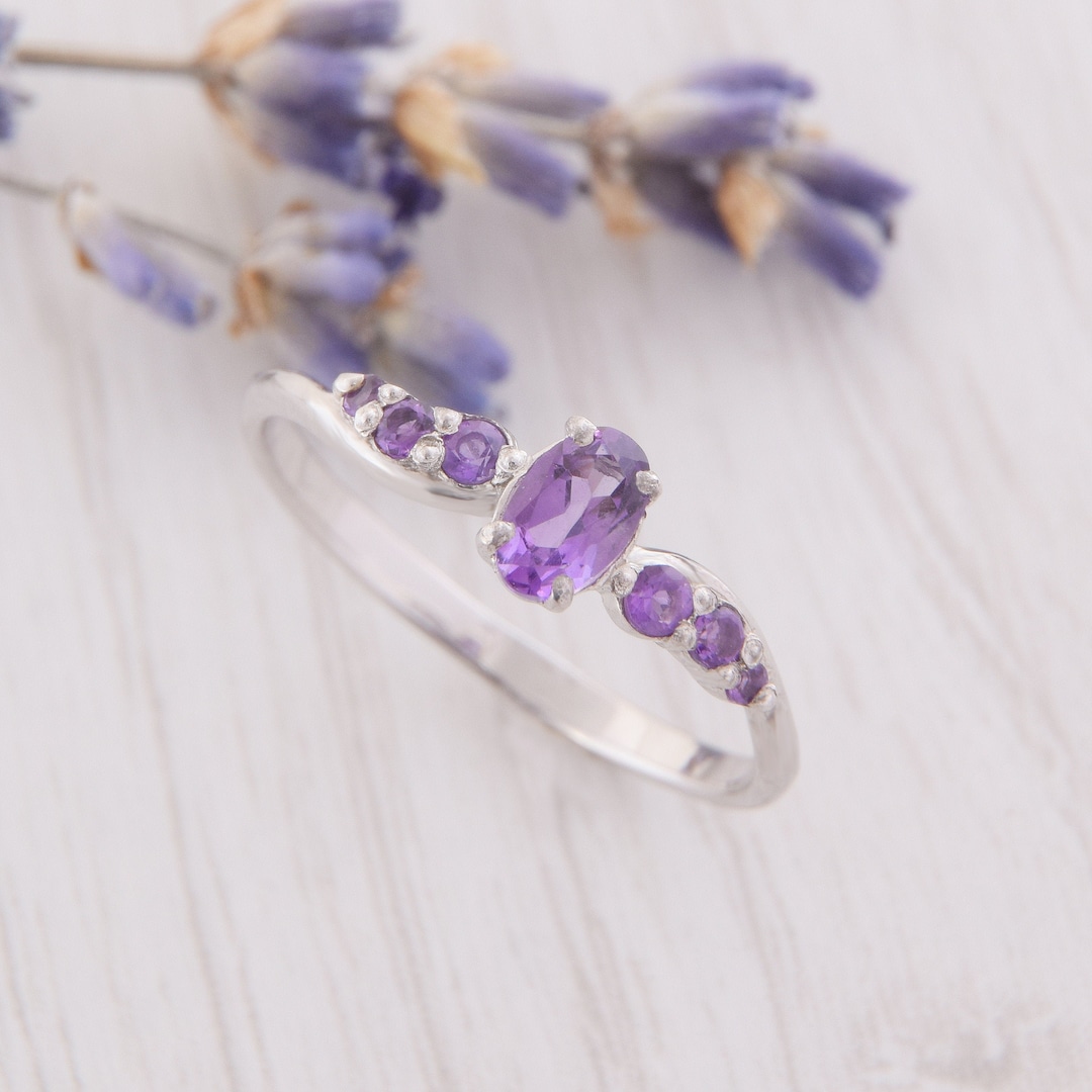 Small Amethyst Silver Ring, Dainty Womens Promise Ring, Minimalist ...