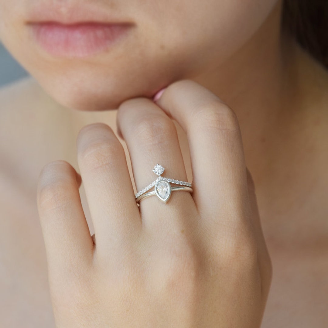 Silver Bridal Set, Victorian Bridal Set, Pear Cut Ring, Pear Bridal Set ...