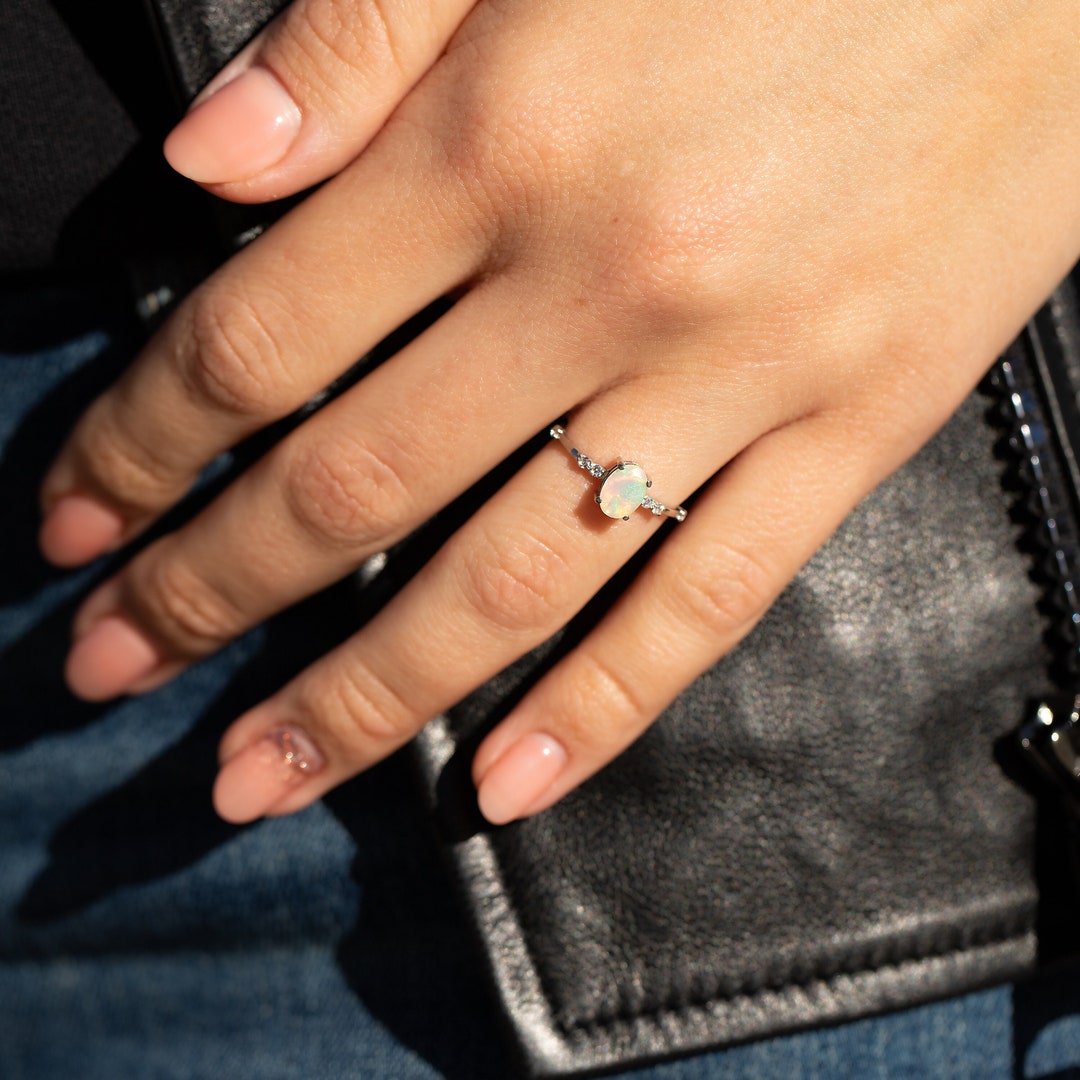 Dainty Oval White Opal Engagement Ring, Sterling Silver Opal Promise Ring for Her, Opal ...