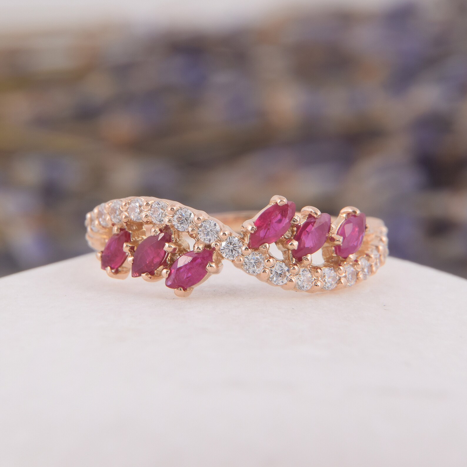 Unique Rose Gold Ruby Wedding Band, Womens Anniversary Ring Gift ...