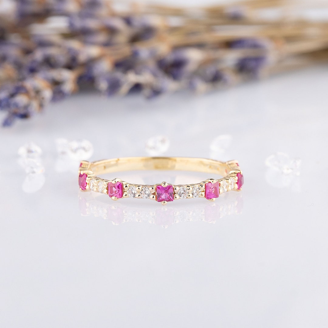 Minimalist Art Deco Style Ruby Wedding Band, Dainty 14k Gold Women Square Ruby Wedding Band ...