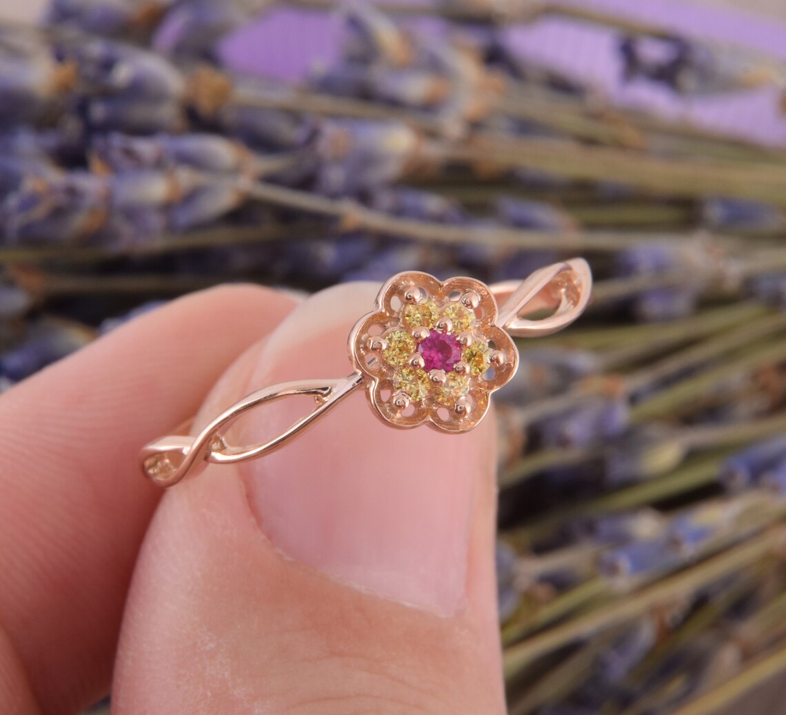 Rose Gold Dainty Promise Ring Ruby and Citrine Ring - Etsy