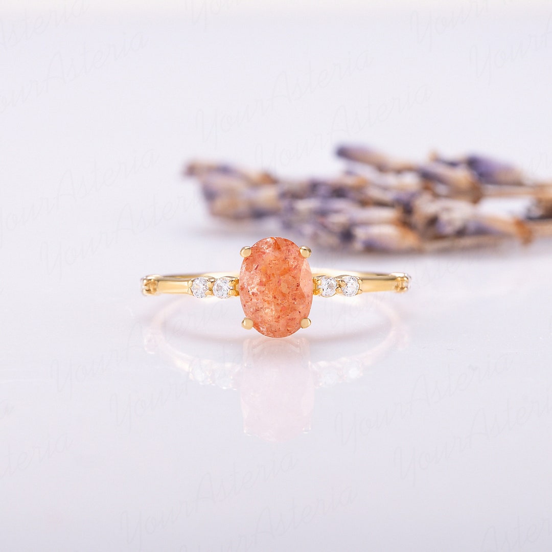 Unique Women Natural Oval Sunstone Gold Ring, Dainty 14k Gold Genuine ...