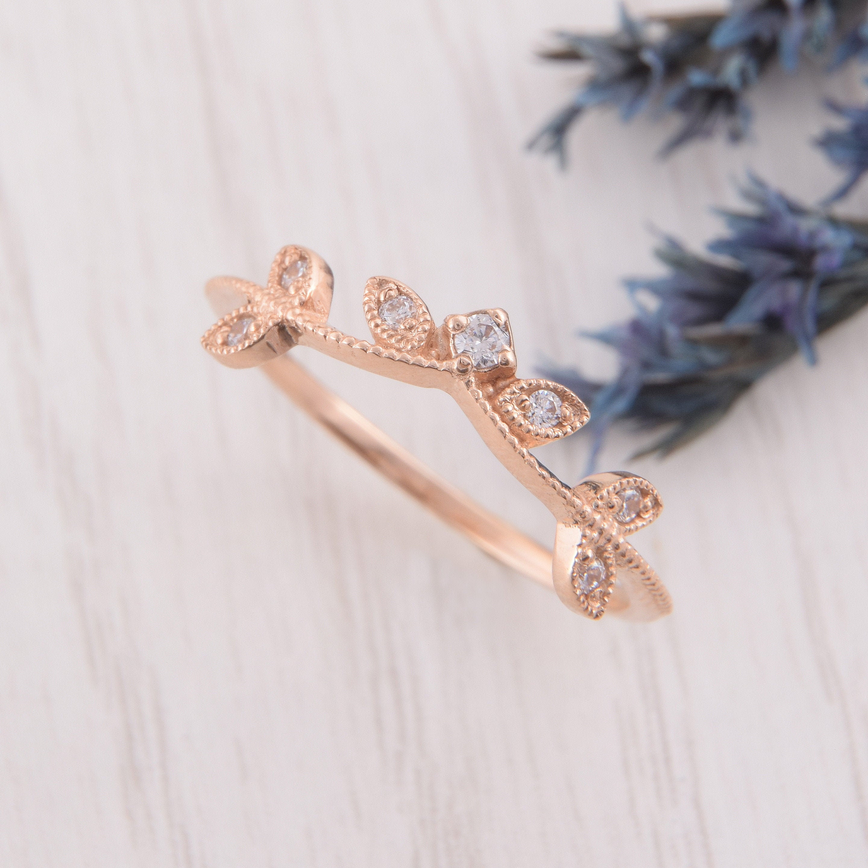 14k Rose Gold Art Deco Wedding Band Curved Wedding Band Tree | Etsy