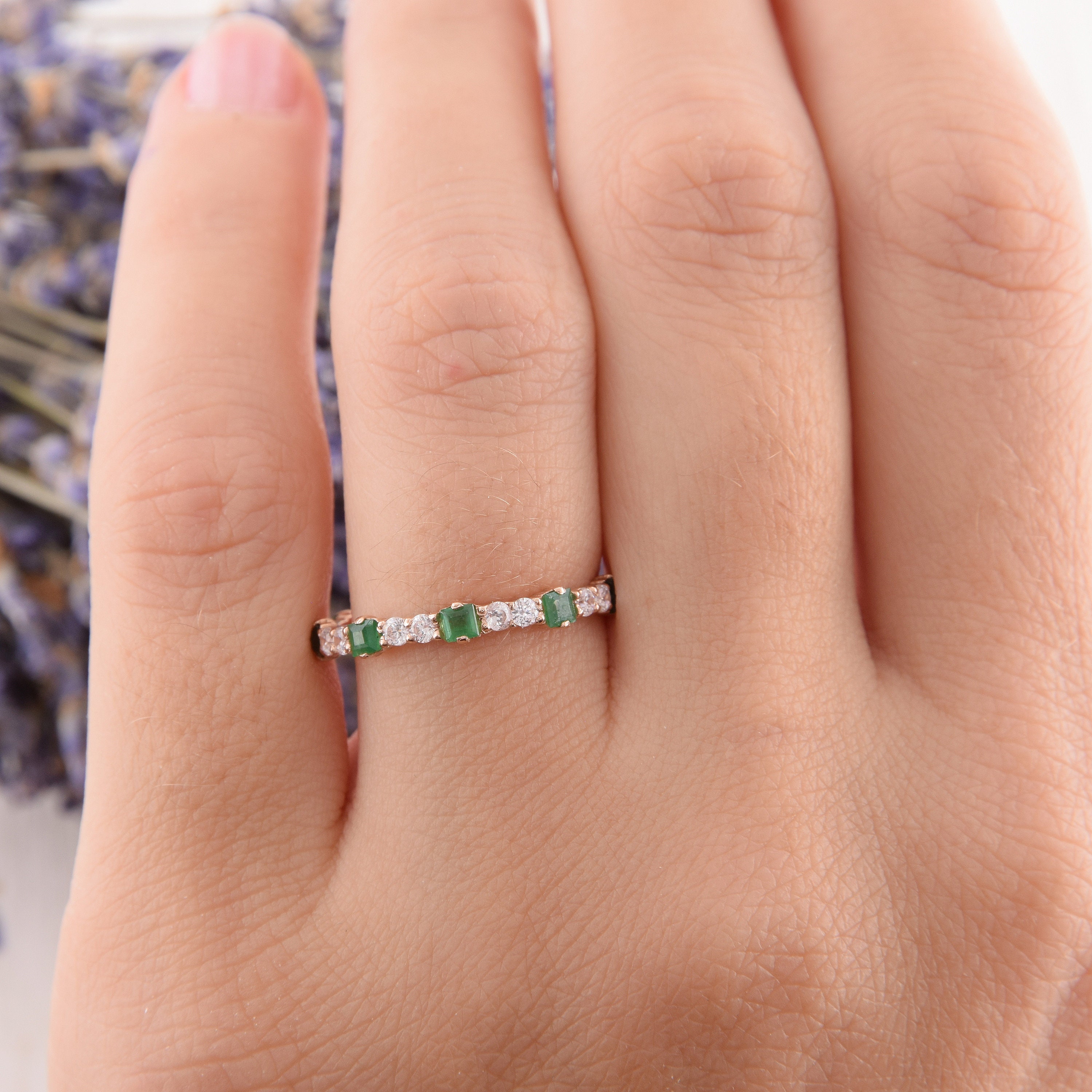 Womens Emerald Gold Wedding Band Unique Emerald Ring Dainty | Etsy