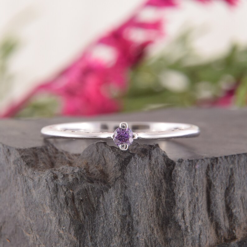 Small Minimalist Silver Ring with Amethyst Womens Amethyst | Etsy