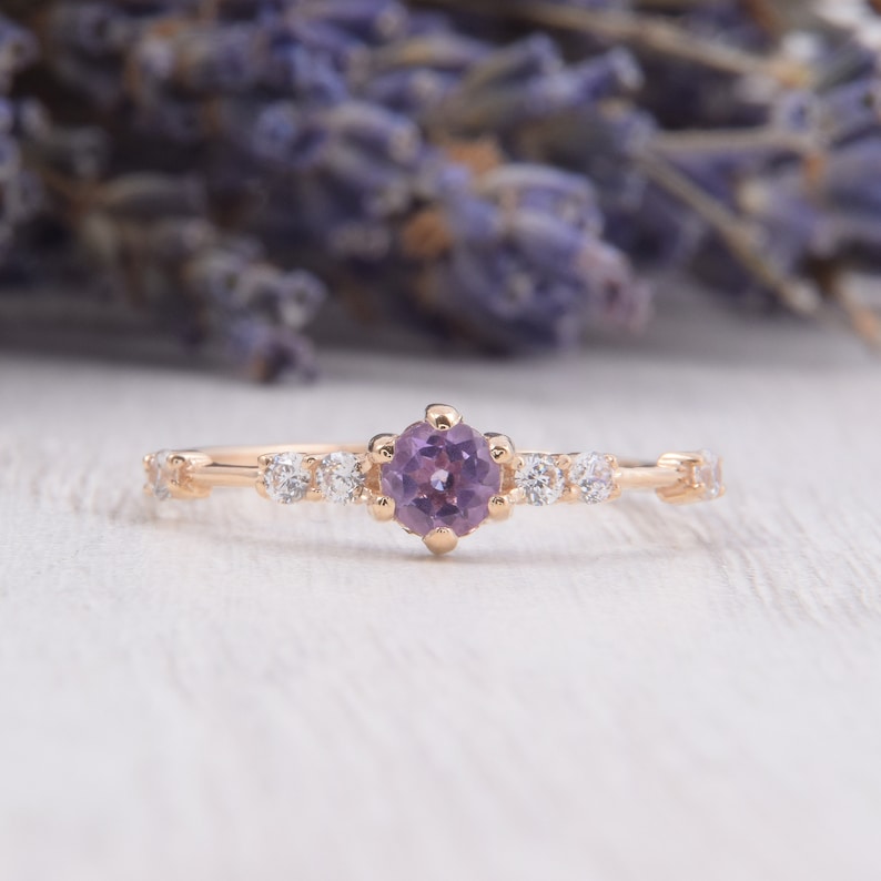 14k Solid Rose Gold Dainty & Elegant Amethyst Promise Ring for - Etsy