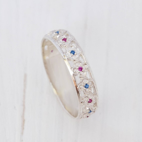 Ruby Wedding Band Sapphire Wedding Band Ruby Ring Silver | Etsy