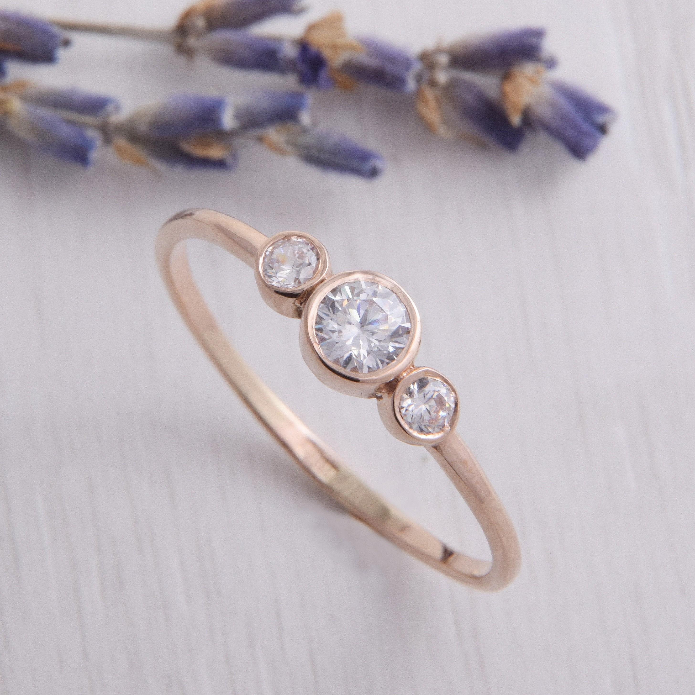 Rose Gold Womens Simple Promise Ring Bezel Cut 3 Stone | Etsy