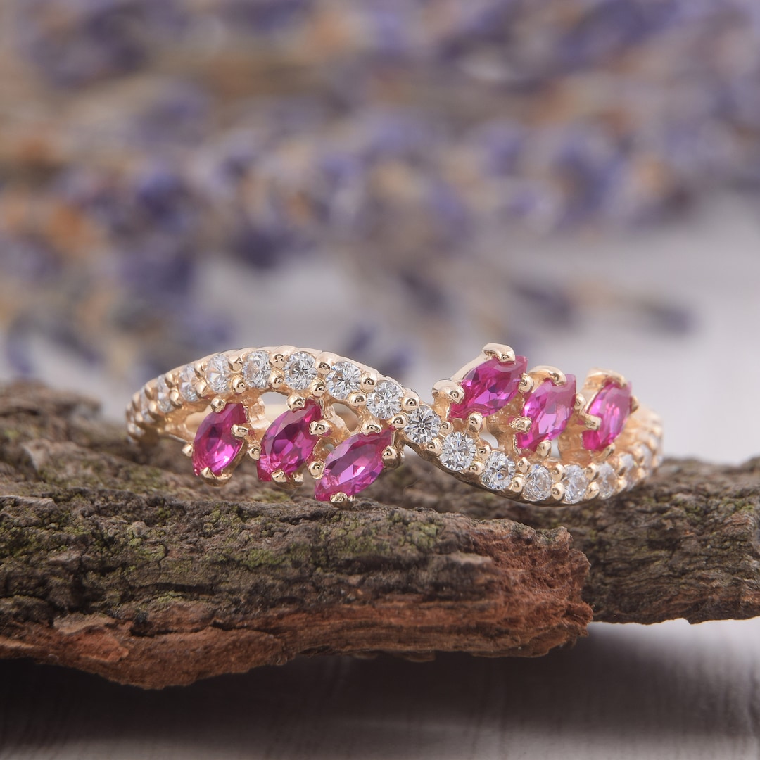 Unique Antique Style Victorian Womens Ruby Wedding Band, Dainty 14k ...