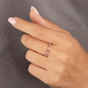 Minimalist Art Deco Style Ruby Wedding Band, Dainty 14k Gold Women Square Ruby Wedding Band ...