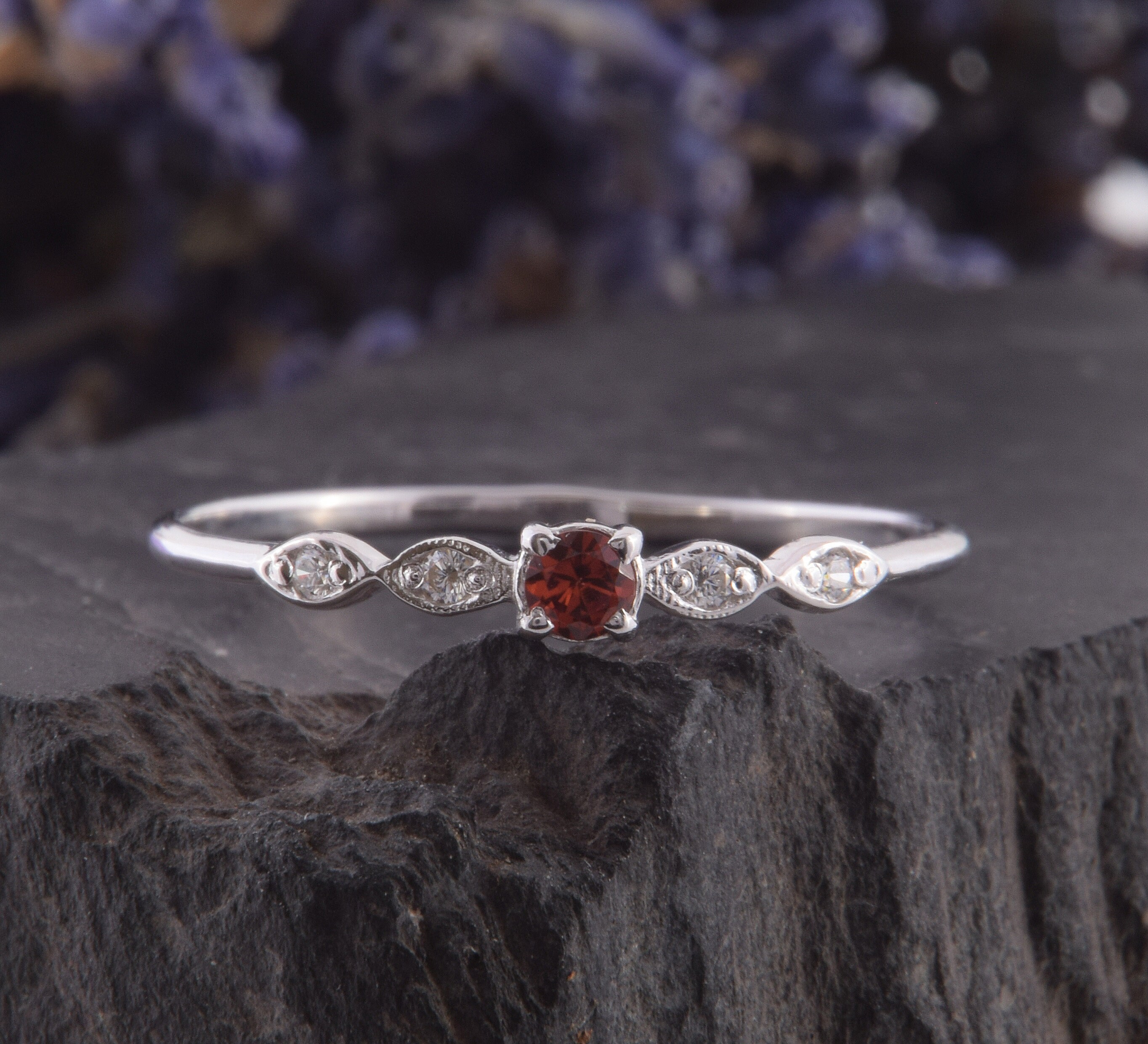 Simple Art Deco Garnet Promise Ring for Her Small & Dainty | Etsy