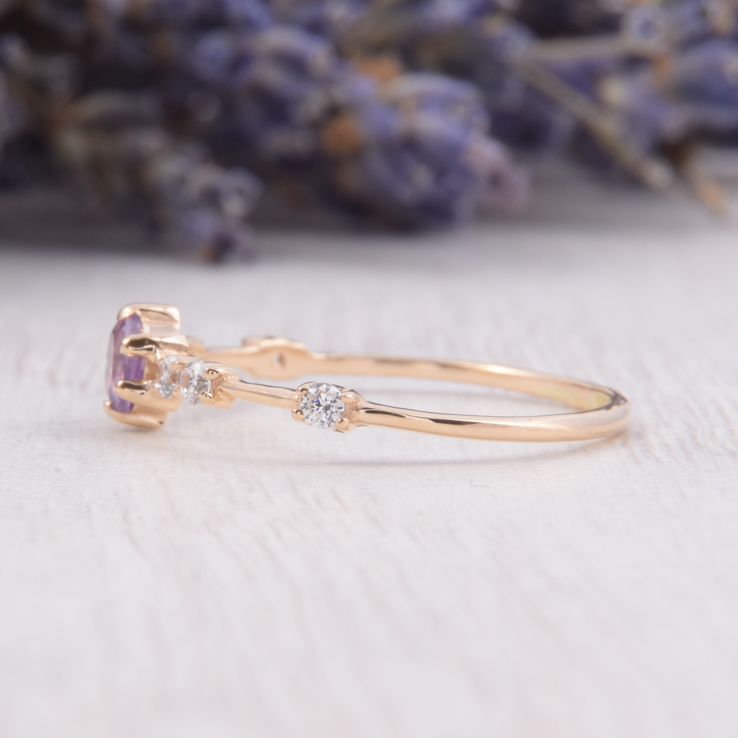 14k solid rose gold dainty & elegant amethyst promise ring for | Etsy