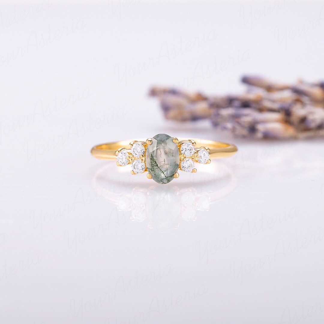 Unique 14k Gold Oval Natural Moss Agate Promise Ring for Her Dainty ...