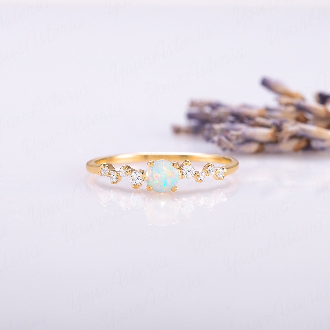 Unique Women 14k Gold Opal Ring, Dainty Minimalist Natural Opal Promise ...