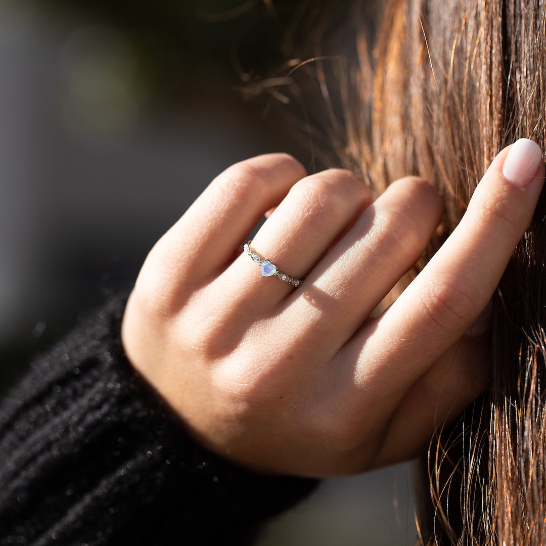 Dainty Moonstone Heart Promise Ring for Her, Unique Heart Moonstone ...