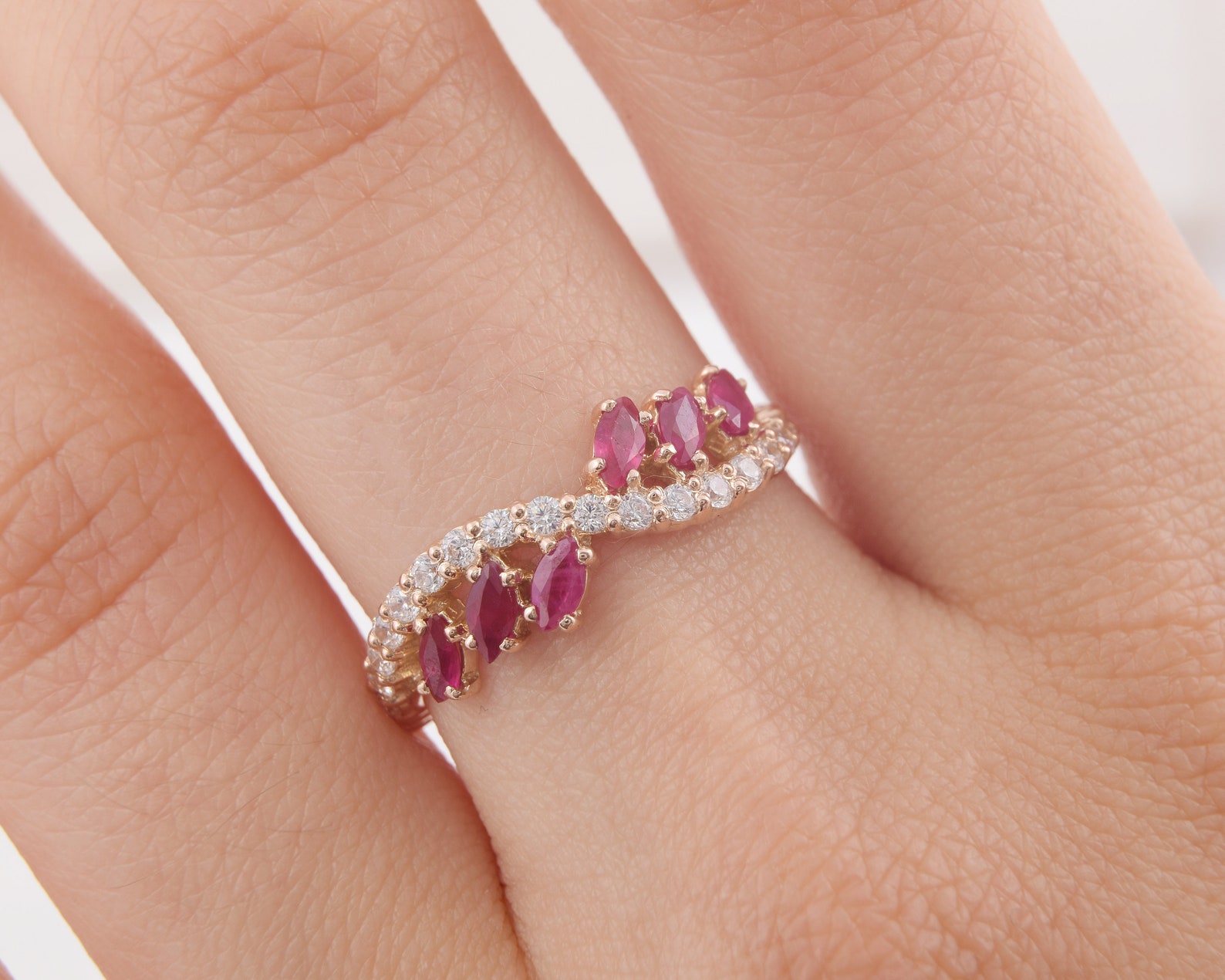 Unique Rose Gold Ruby Wedding Band, Womens Anniversary Ring Gift ...