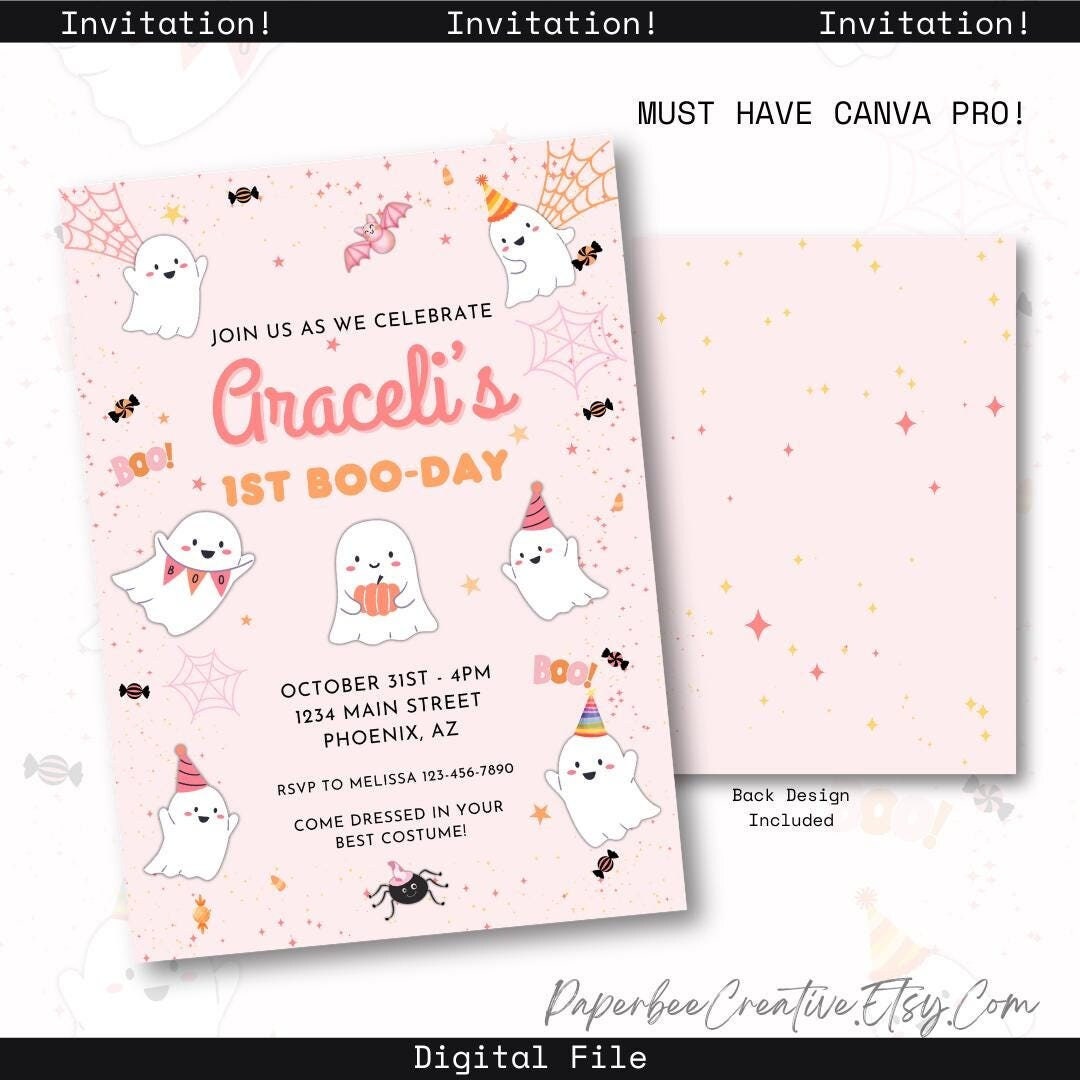 Editable First Birthday Boo Day Cute Ghosts Pink Halloween Printable ...