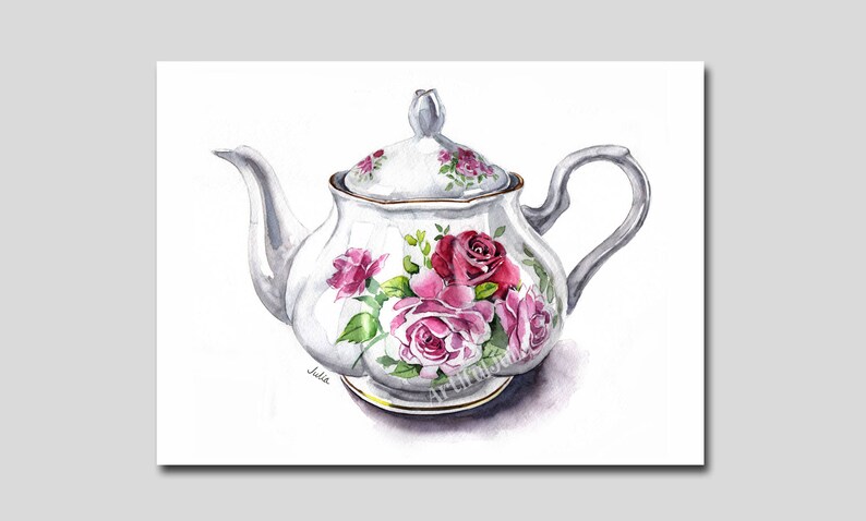 Floral Teapot Print Teapot Painting Print of my watercolor | Etsy