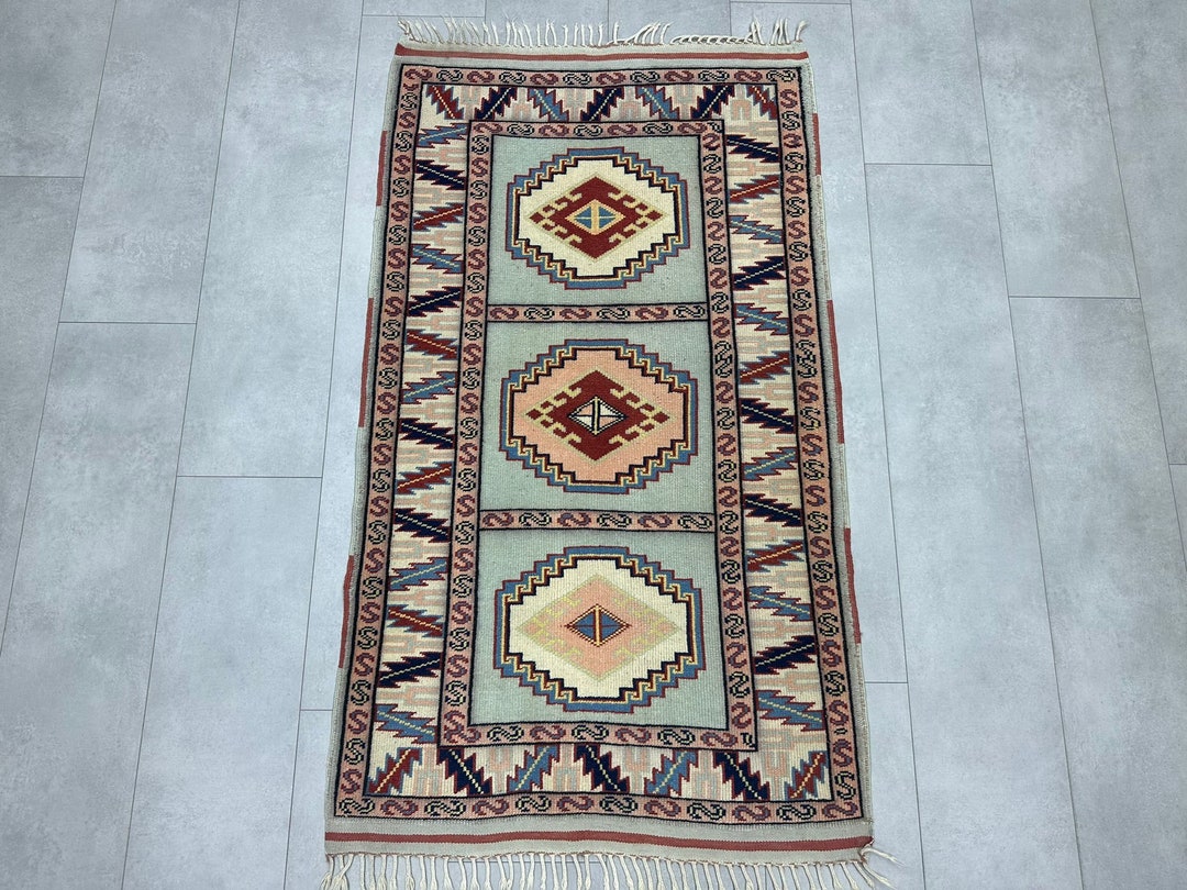 Faded Real Wool Turkish Rug, Handmade Area Rug, Mini Runner Turkish Rug ...