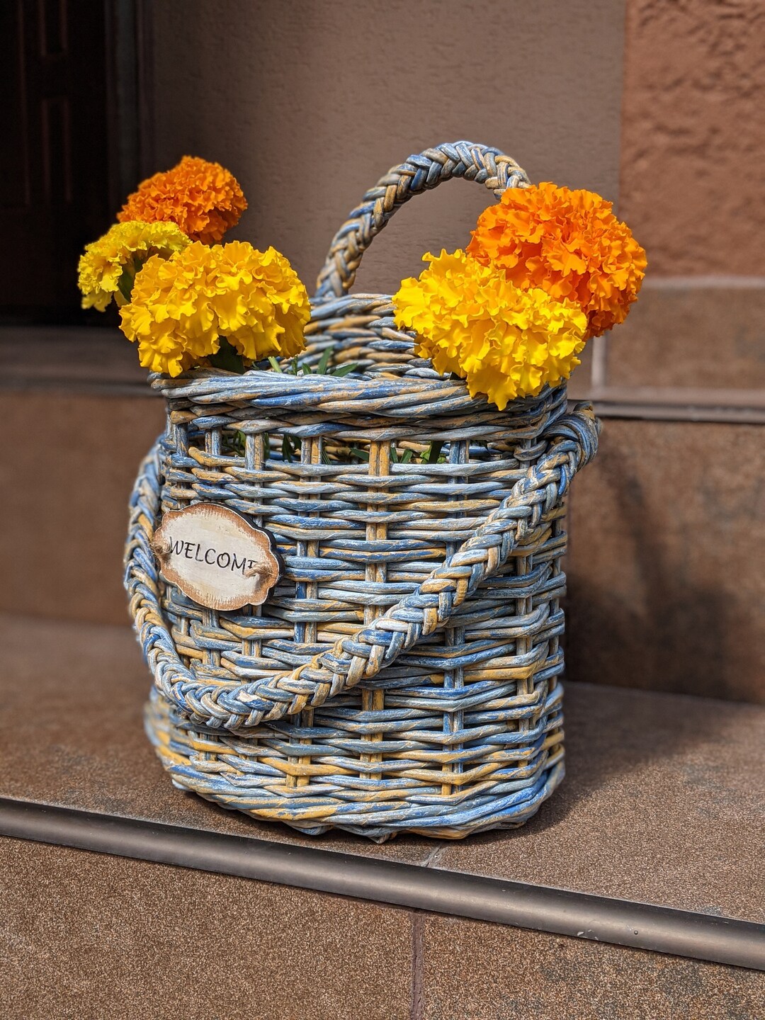 Door Basket With Flower Farmhouse Wall Decor Blue Wicker Wall Hanging ...