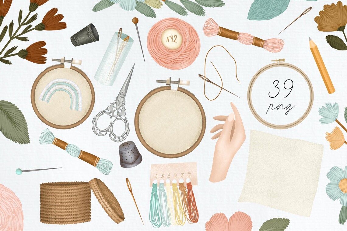 Embroidery Clipart: 39 Hand Drawn Needlework Illustrations (PNG) - Etsy