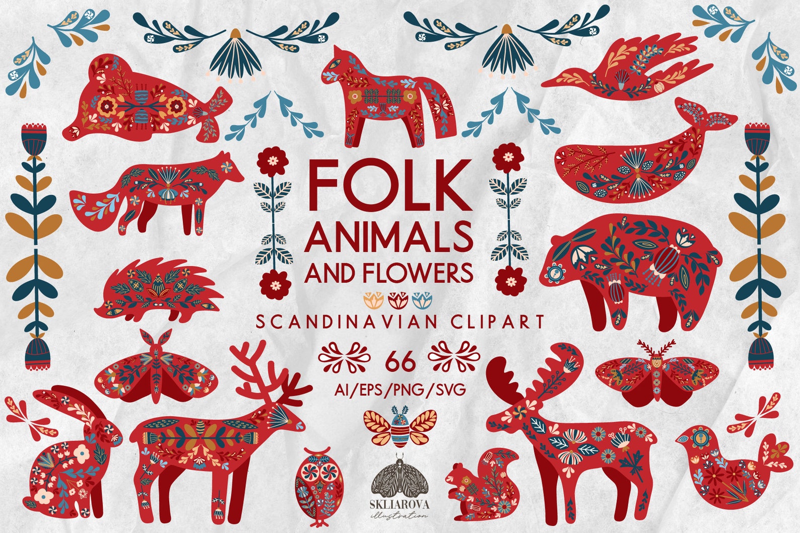 Scandinavian Folk SVG Set: 66 Floral and Animals Designs (+ PNG, EPS ...