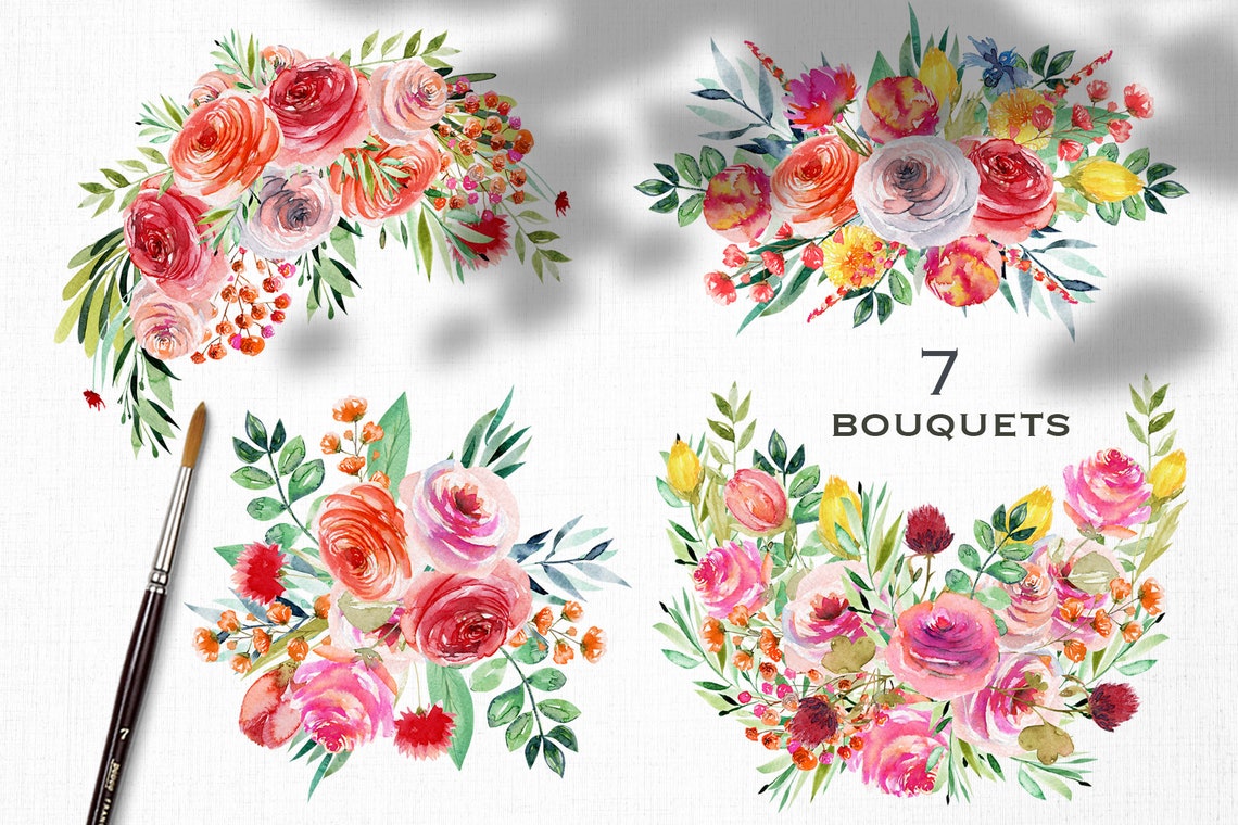 Watercolor Flower Bouquet Clipart Floral Digital Clipart - Etsy