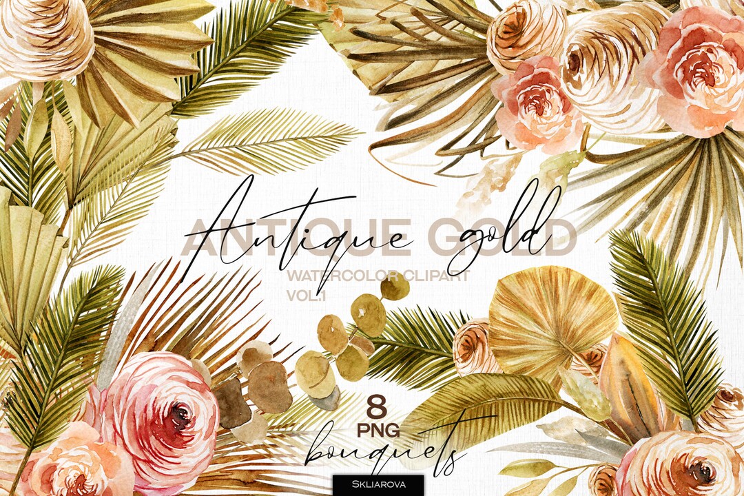 Floral Boho Clipart Dried Flowers Watercolor Clip Art Dry Palm Leaves ...