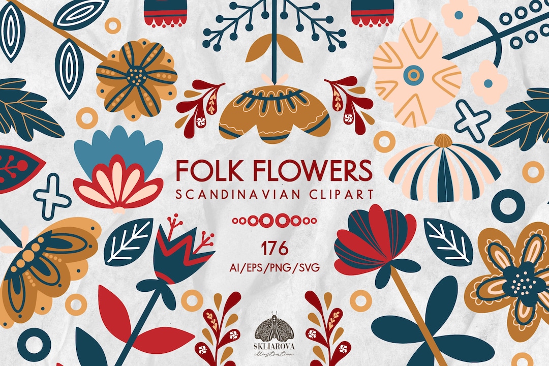 Folk Floral Clipart Folk Art Clipart Scandinavian Clipart Nordic Folk ...