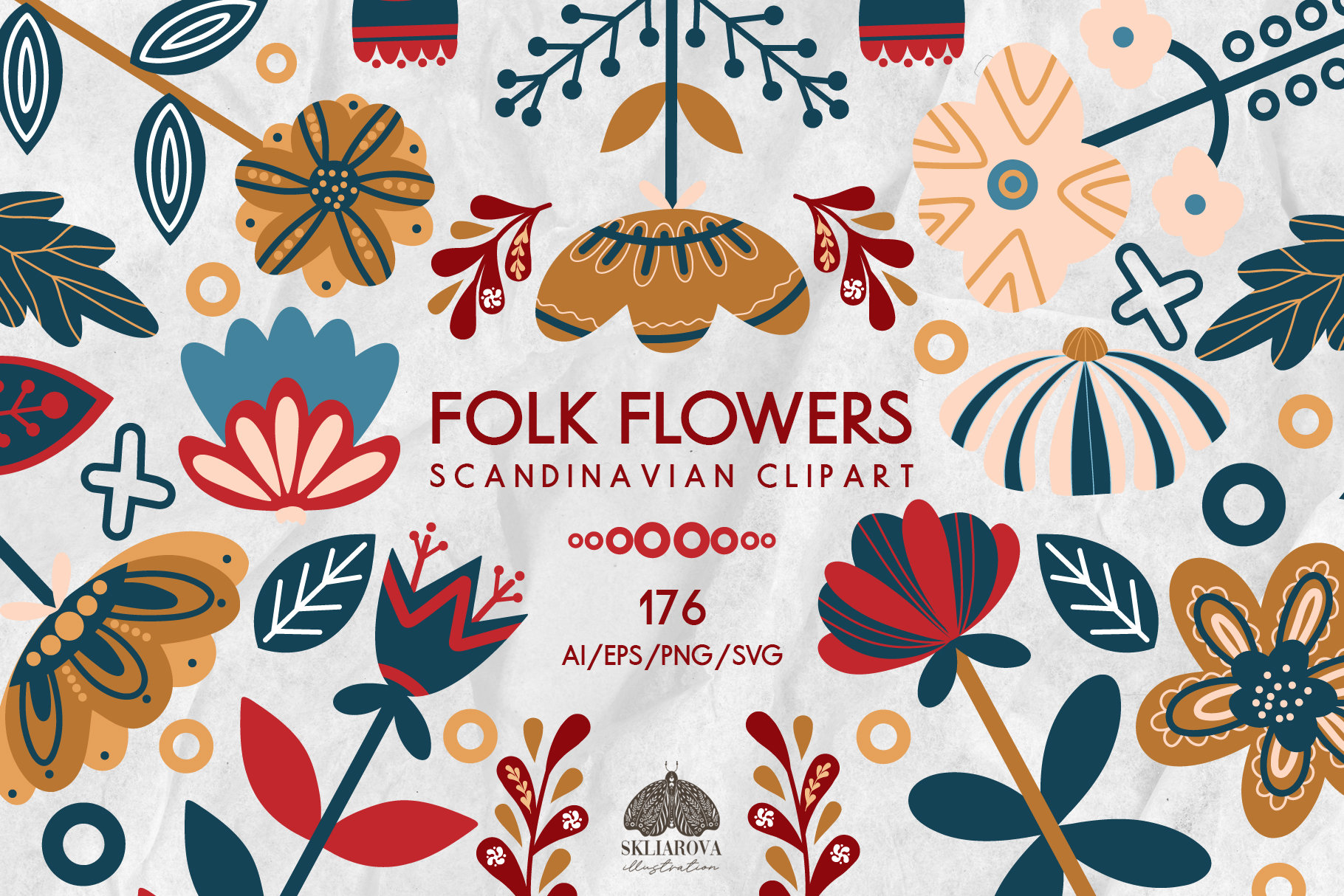 Folk Floral Clipart Folk Art Clipart Scandinavian Clipart Nordic Folk ...