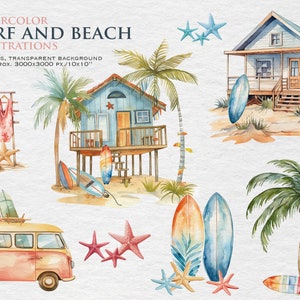 Watercolor Surfing Clipart Surf Summer Png Surfboard Beach House Palms ...