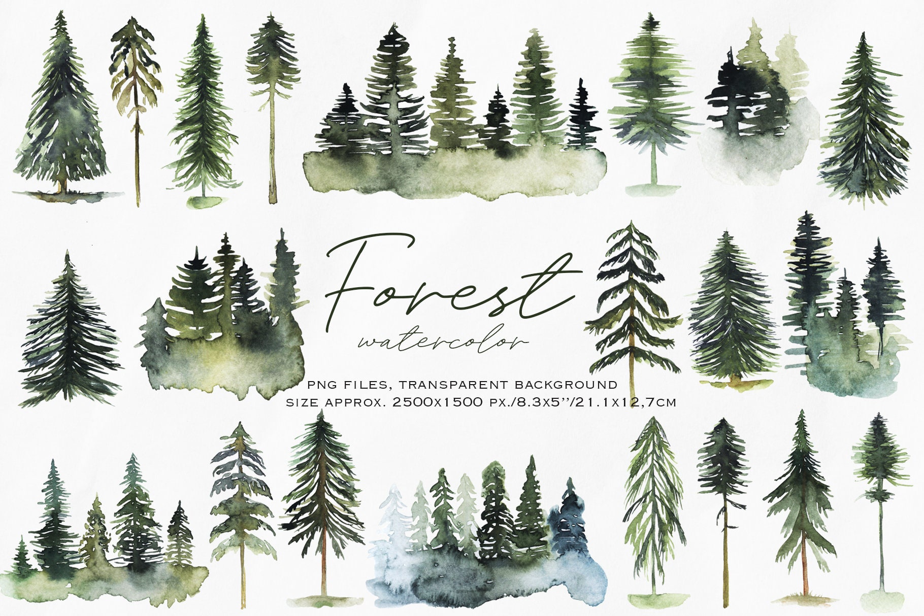 Watercolor Forest Trees Clipart Forest Clipart Watercolor - Etsy