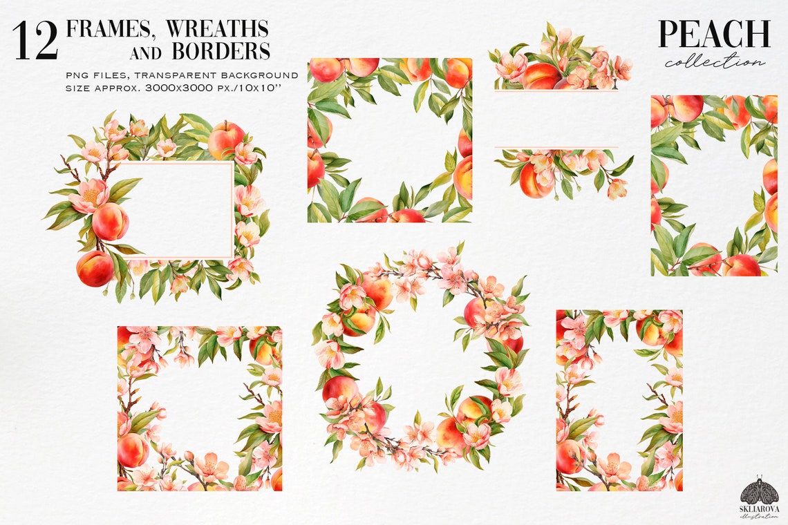 Peach Watercolor Clipart: Fruit Botanical Frames and Wreaths (12 PNG ...