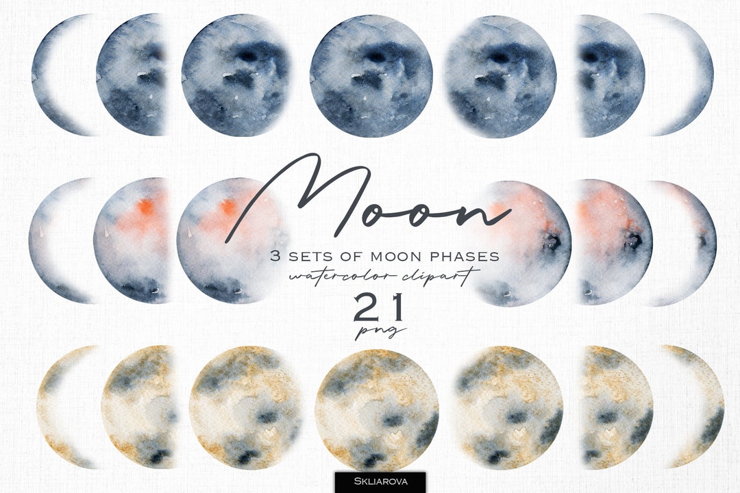 Watercolor Moon Phases Clipart Full Moon Digital Clip Art Lunar ...