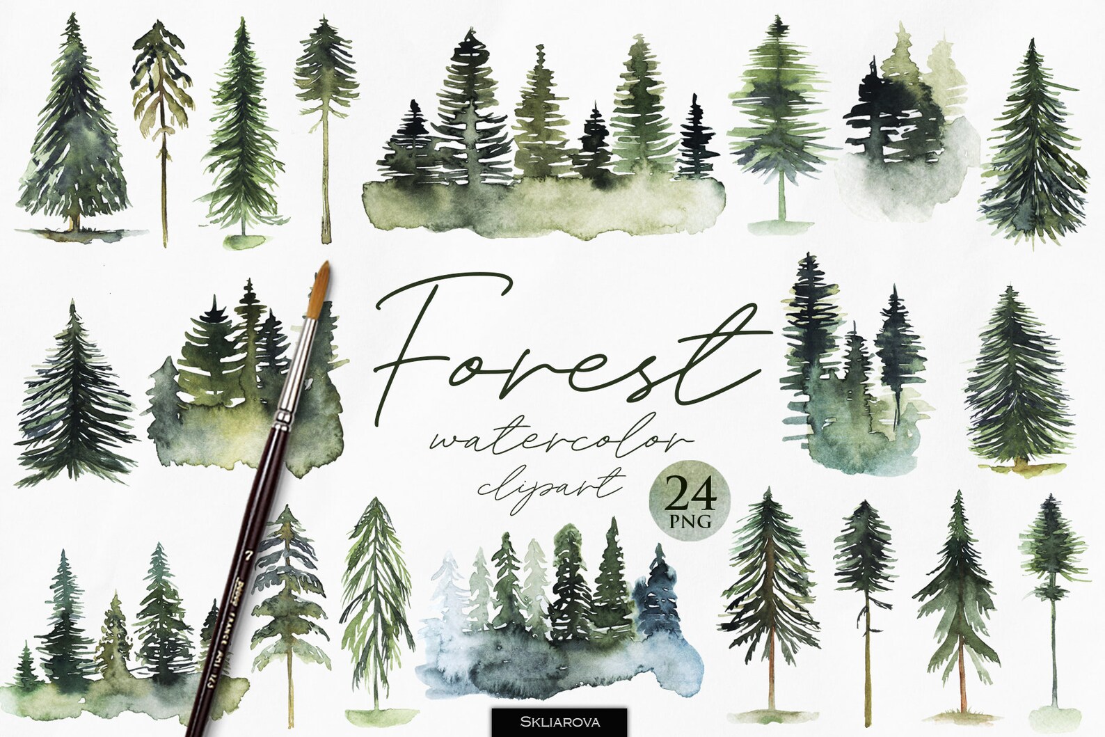 Watercolor Forest Trees Clipart Forest Clipart Watercolor - Etsy