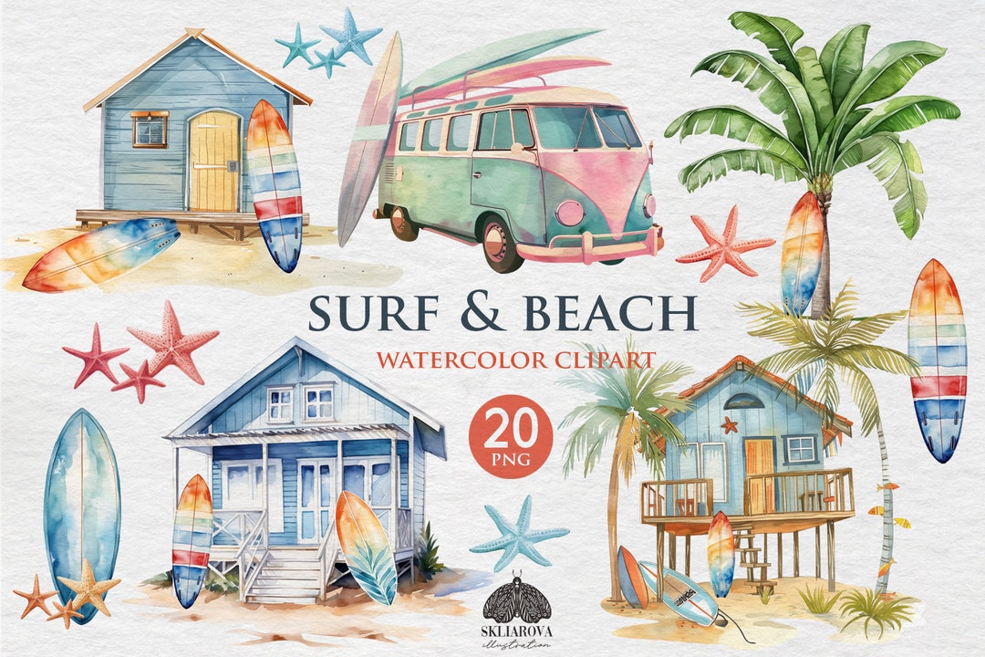 Watercolor Surfing Clipart Surf Summer Png Surfboard Beach House Palms ...