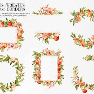 Peach Fruit Frame Clipart Watercolor Peach Tree Branches Leaves Peach ...