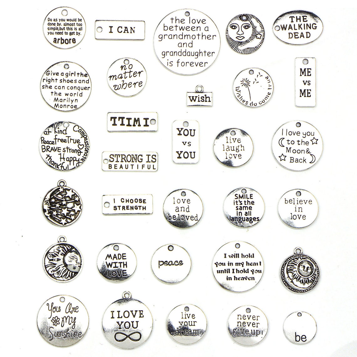 31 PCS Inspiration Word Charms Collection - Antique Silver Round ...