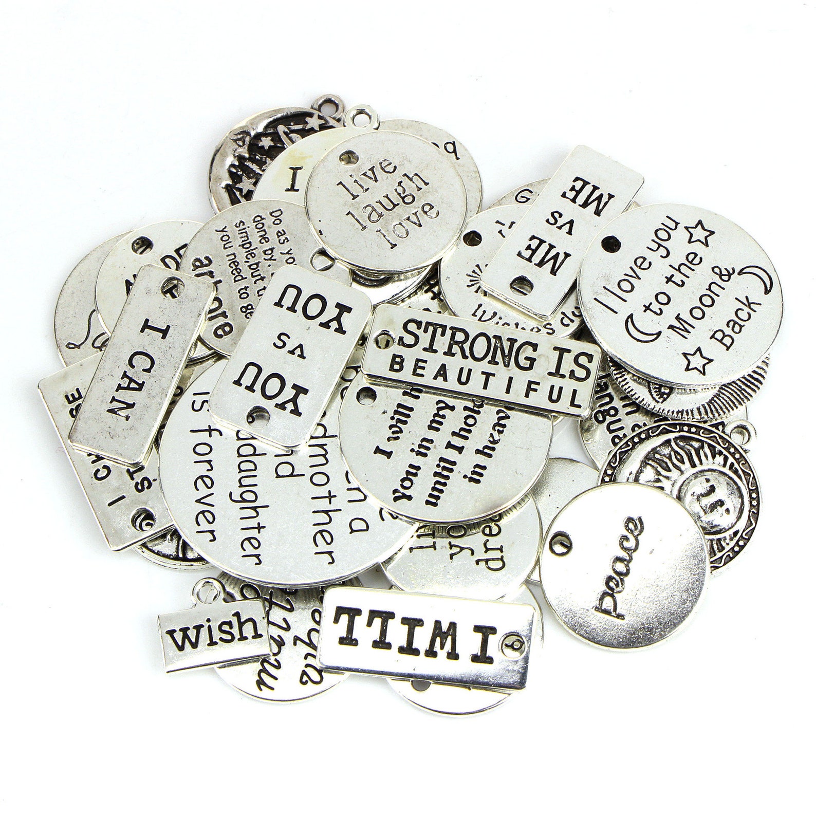 31 PCS Inspiration Word Charms Collection - Antique Silver Round ...