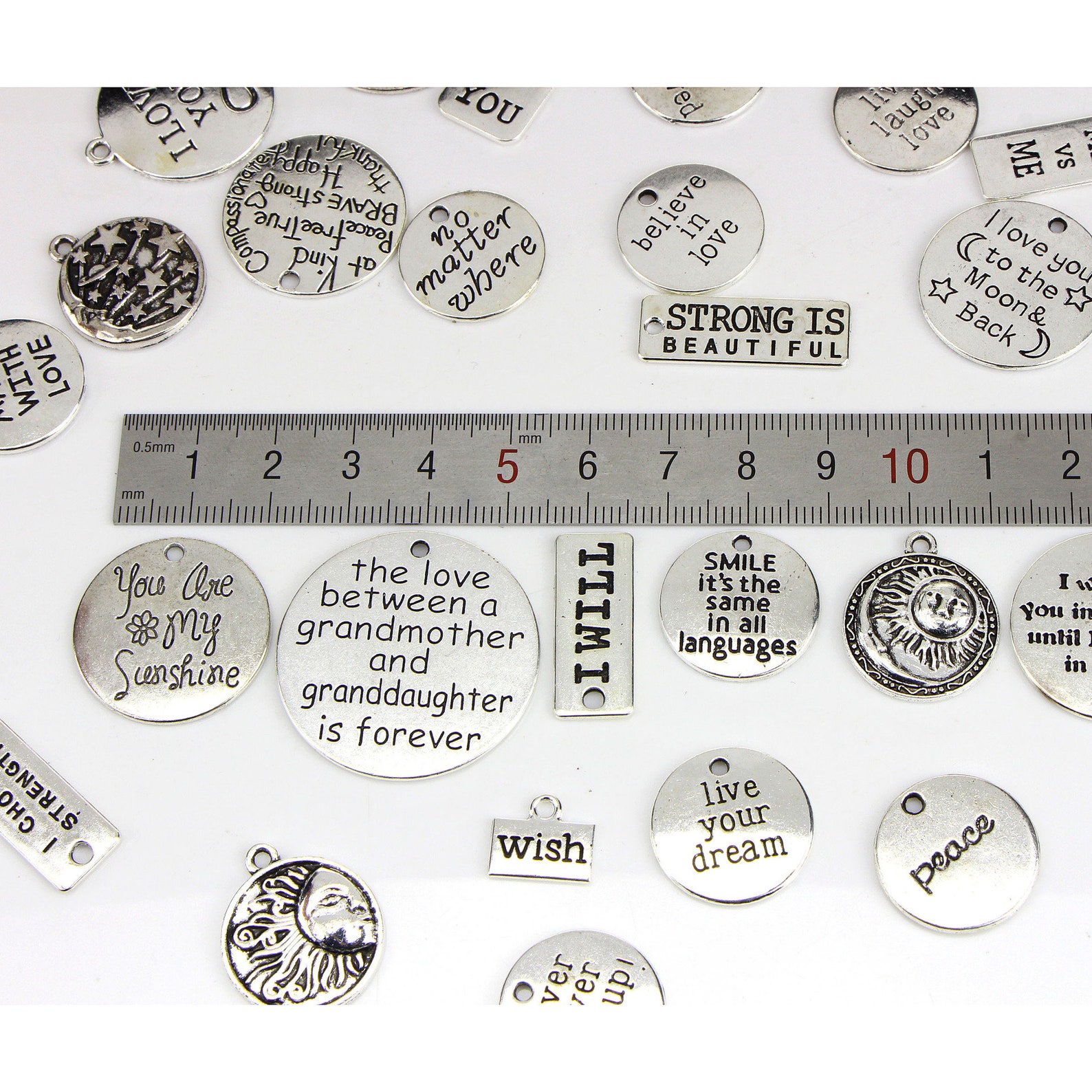 31 PCS Inspiration Word Charms Collection - Antique Silver Round ...
